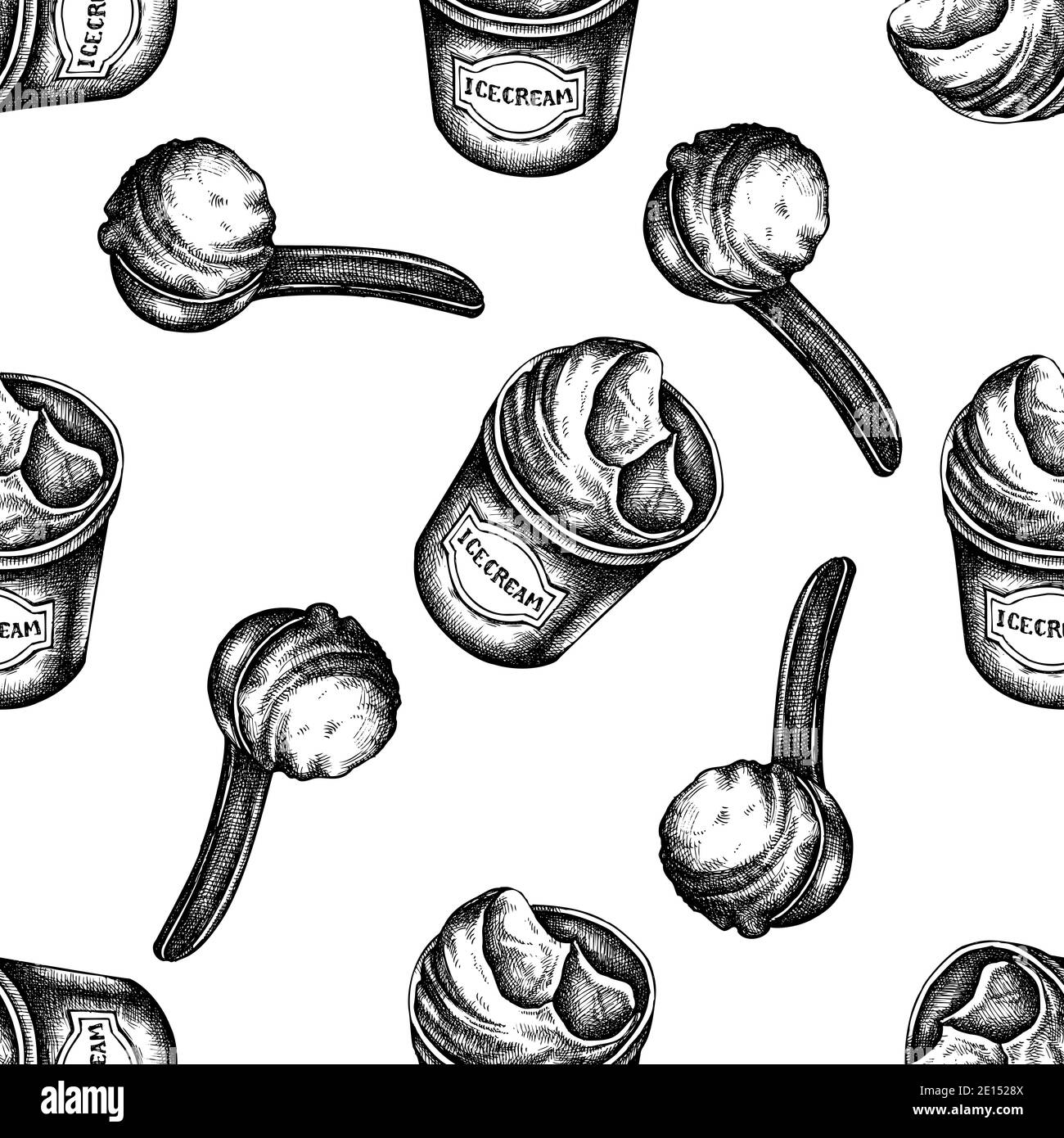 Seamless pattern with black and white ice cream bucket, ice cream scoop ...
