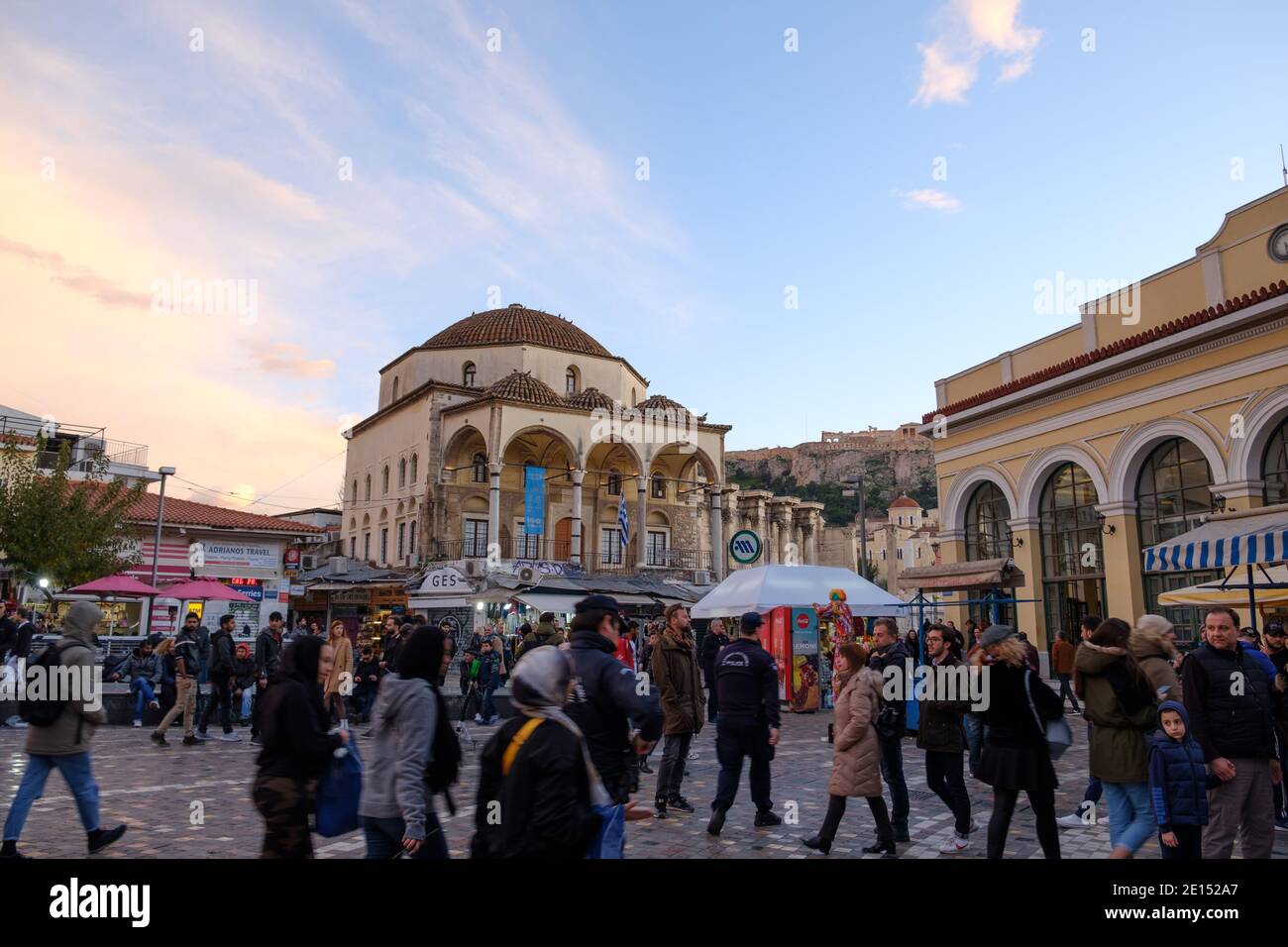 Athens - December 2019: view of Monastiraki square with Pantheon on ...