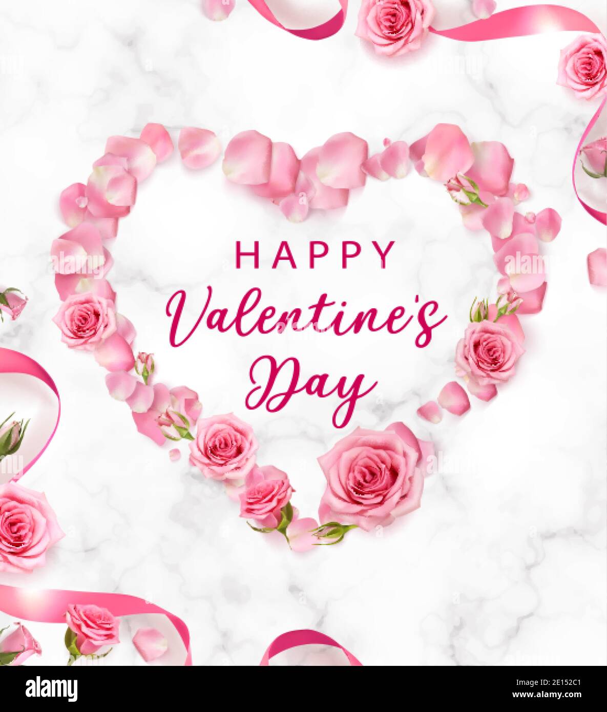 Valentines Day background with rose petals and rose buds shaped a Heart ...