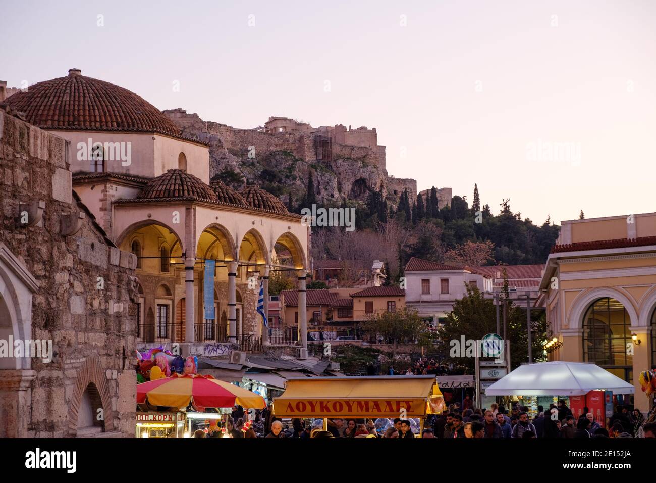 Athens - December 2019: view of Monastiraki square with Pantheon on ...