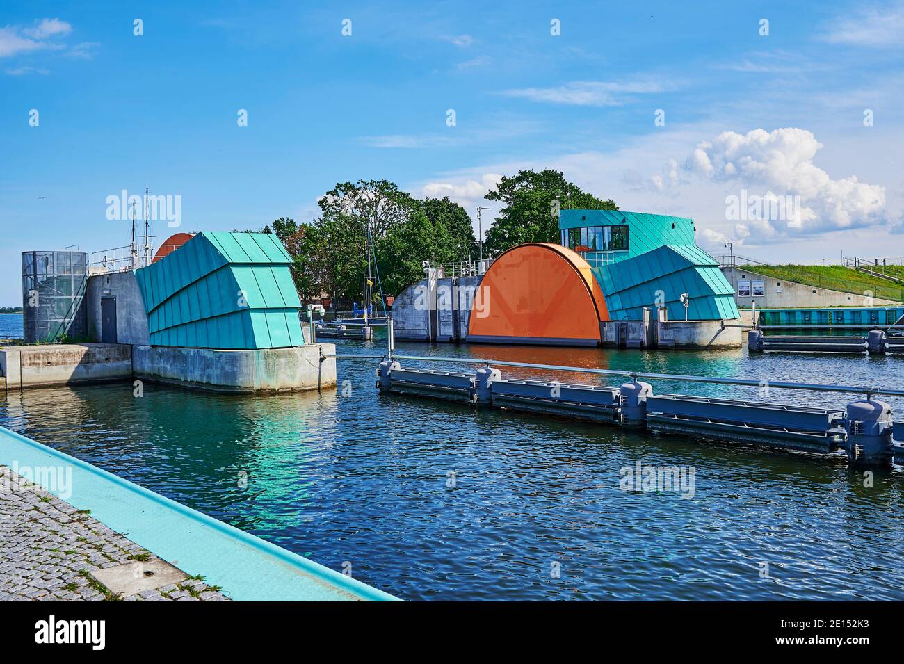 Weir system against flooding at the port of Greifswald in Germany on a ...