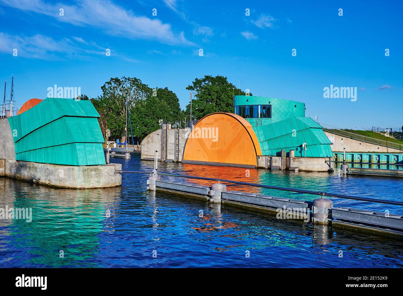 Weir system against flooding at the port of Greifswald in Germany on a ...