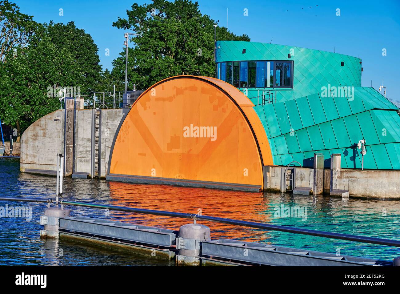 Weir system against flooding at the port of Greifswald in Germany on a ...