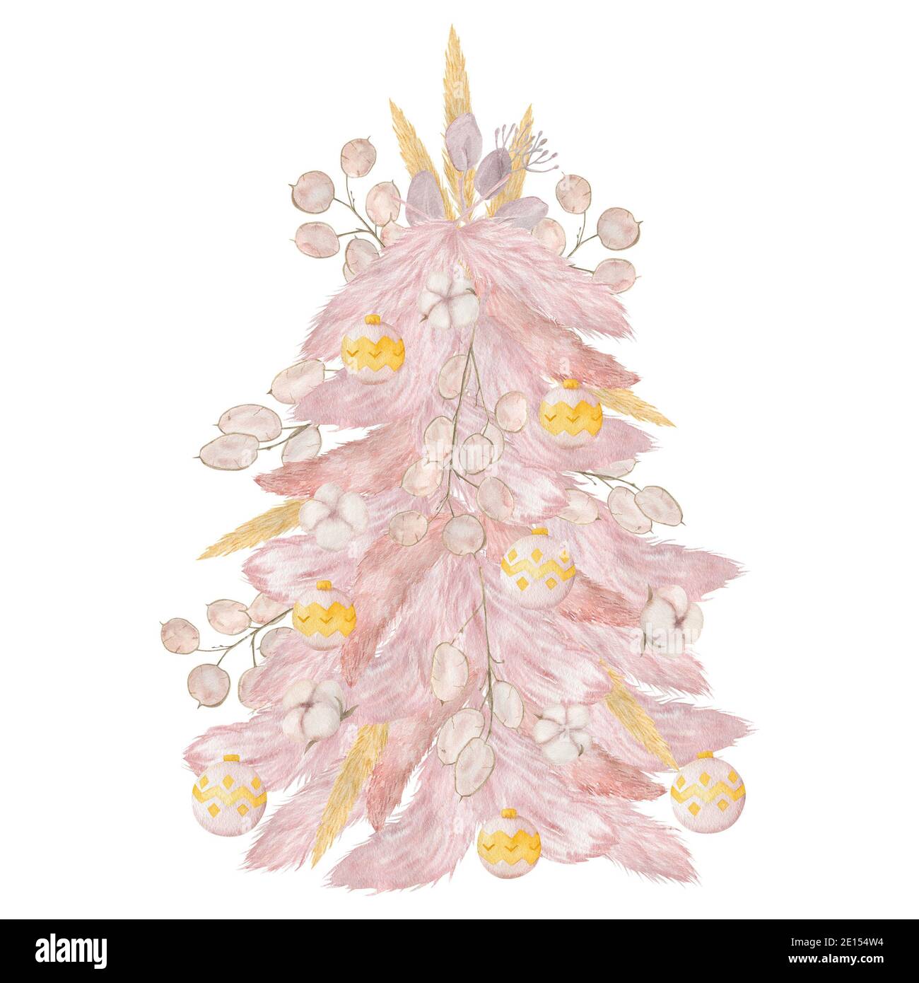 Pink bohemian tree with lunaria and pampas grass isolated on white ...