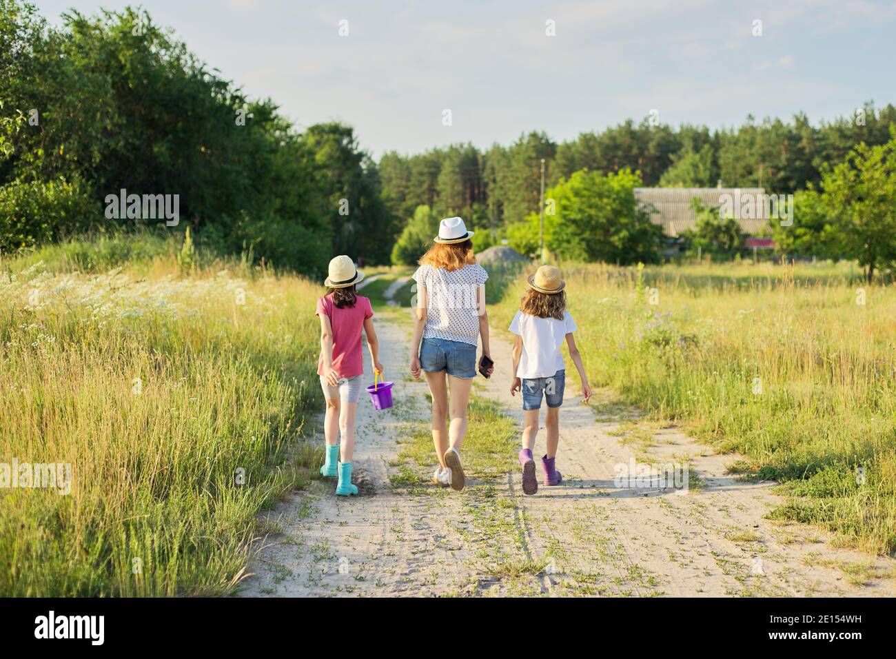 Summer, nature, children. Three girls walking with their backs on a ...
