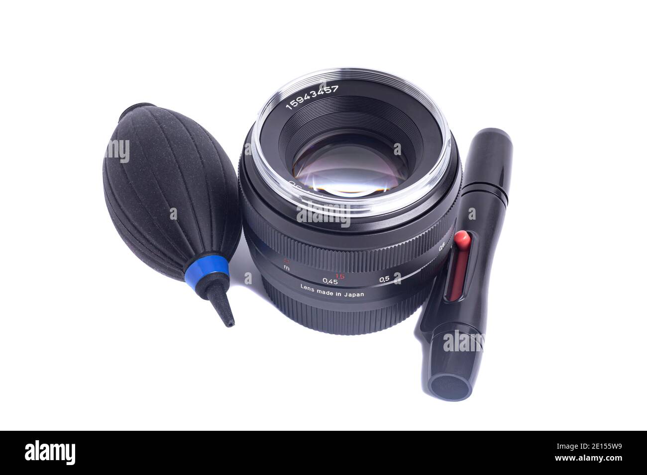 Air blower with camera lens and lens cleaner pen Isolated on a white ...