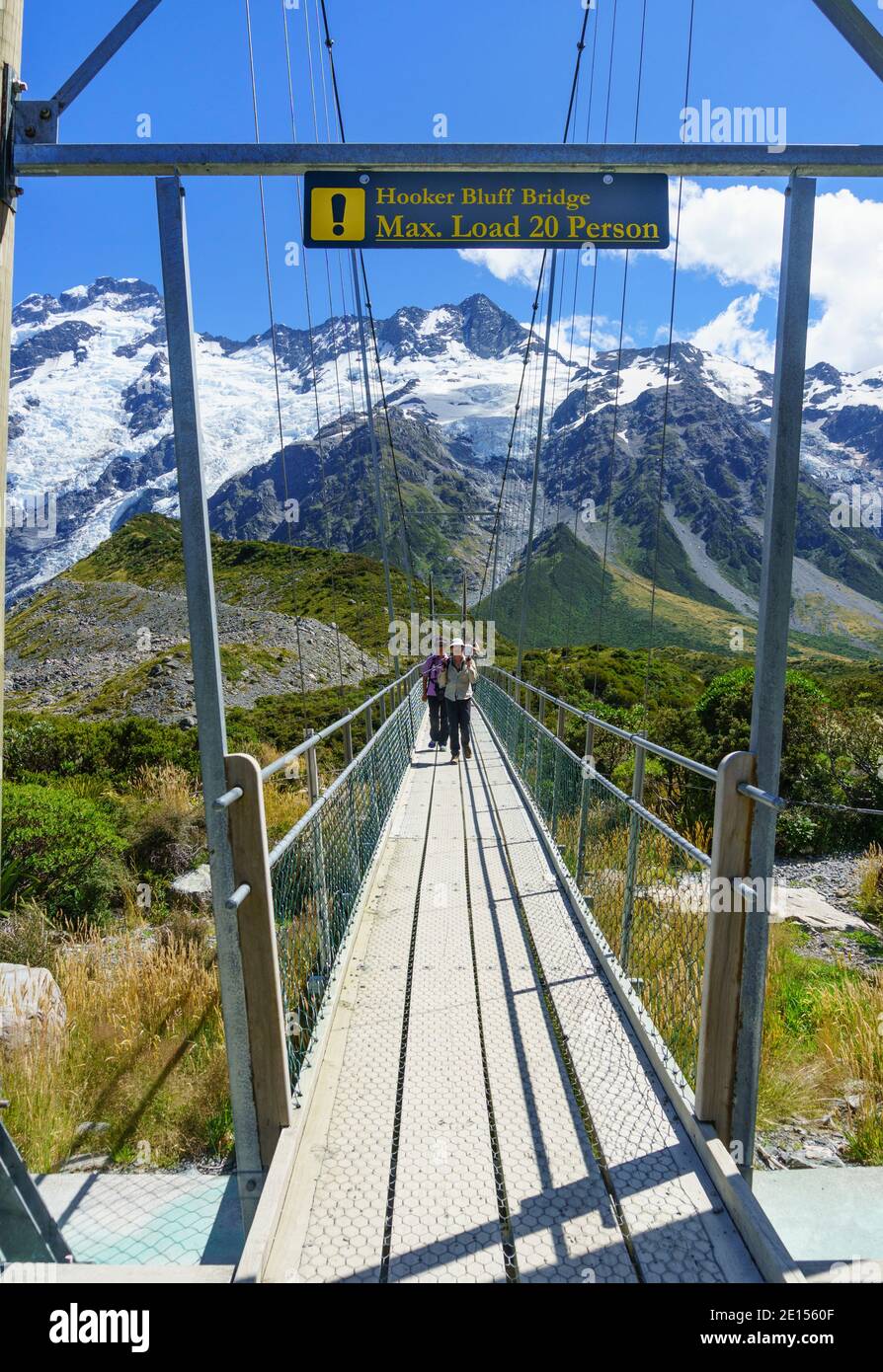 Two women hikers cross walkers Hooker Bluff Bridge bridge over river ...
