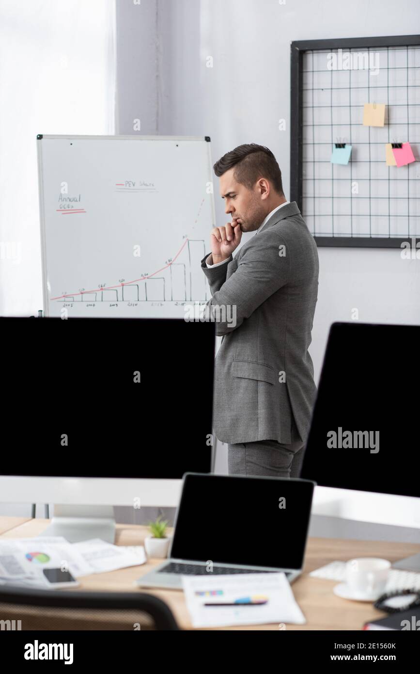 side view of thoughtful trader standing near flipchart and monitors ...