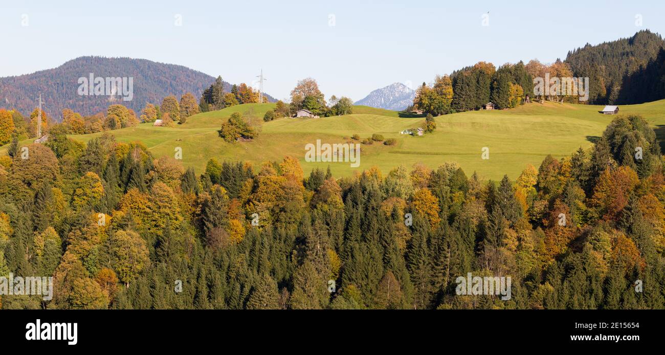 Idyllic upper bavarian mountain landscape with colorful trees and green ...