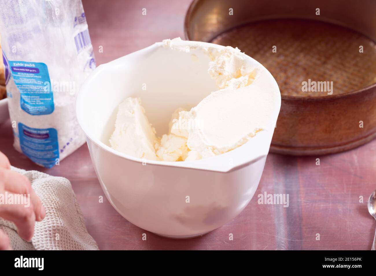 Cream cheese, quark or yogurt in a white bowl. Dairy product, healthy ...