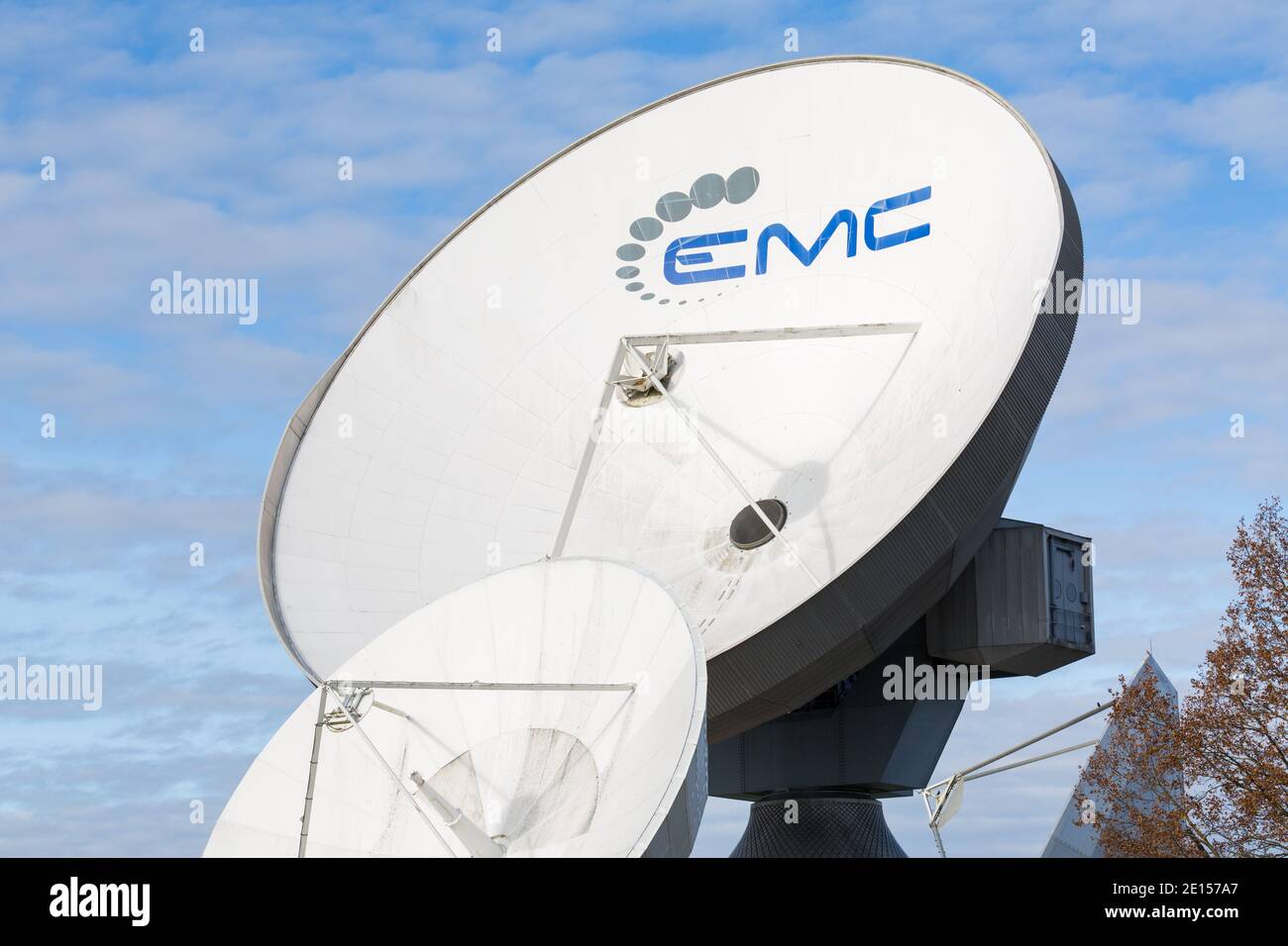 Raisting, Germany - Nov 13, 2020: Close-up of satellite dish with EMC ...