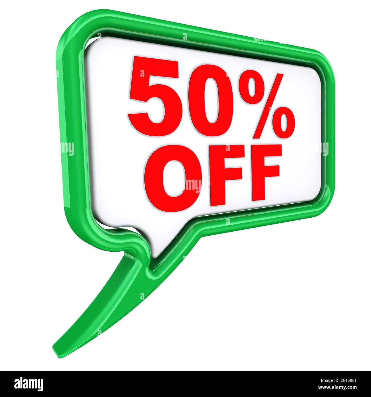 Discount of fifty percentage. One green speech bubble labeled 50%OFF ...