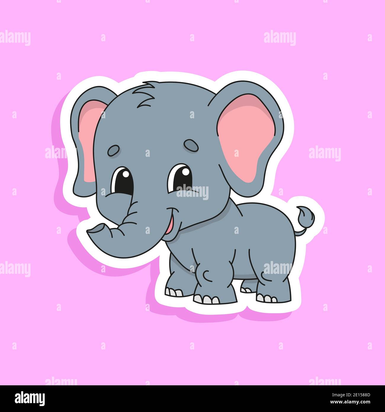 Gray elephant. Bright color sticker of a cute cartoon character. Flat ...