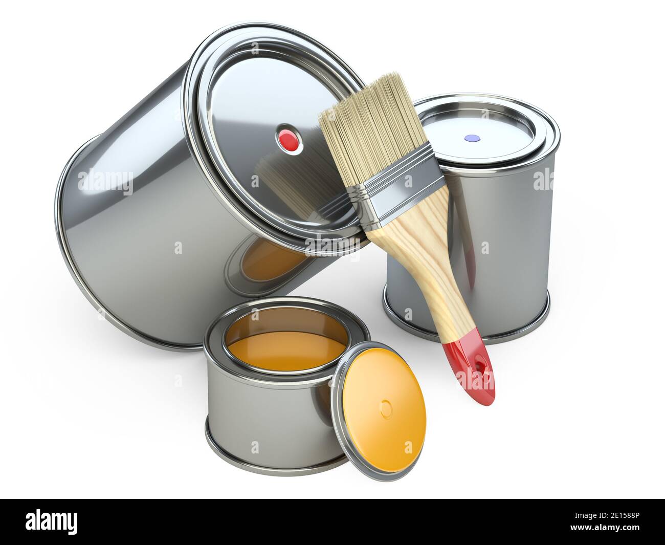 Opened can of colored paint with new repair brush. 3d illustration ...