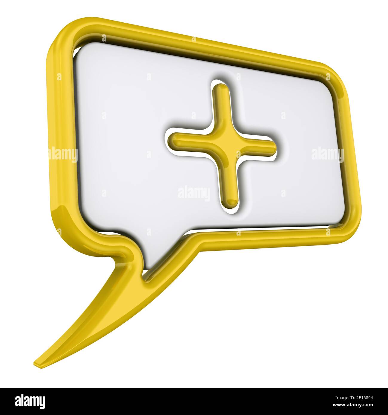 Volumetric yellow speech bubble with plus symbol. Glossy comics speech ...