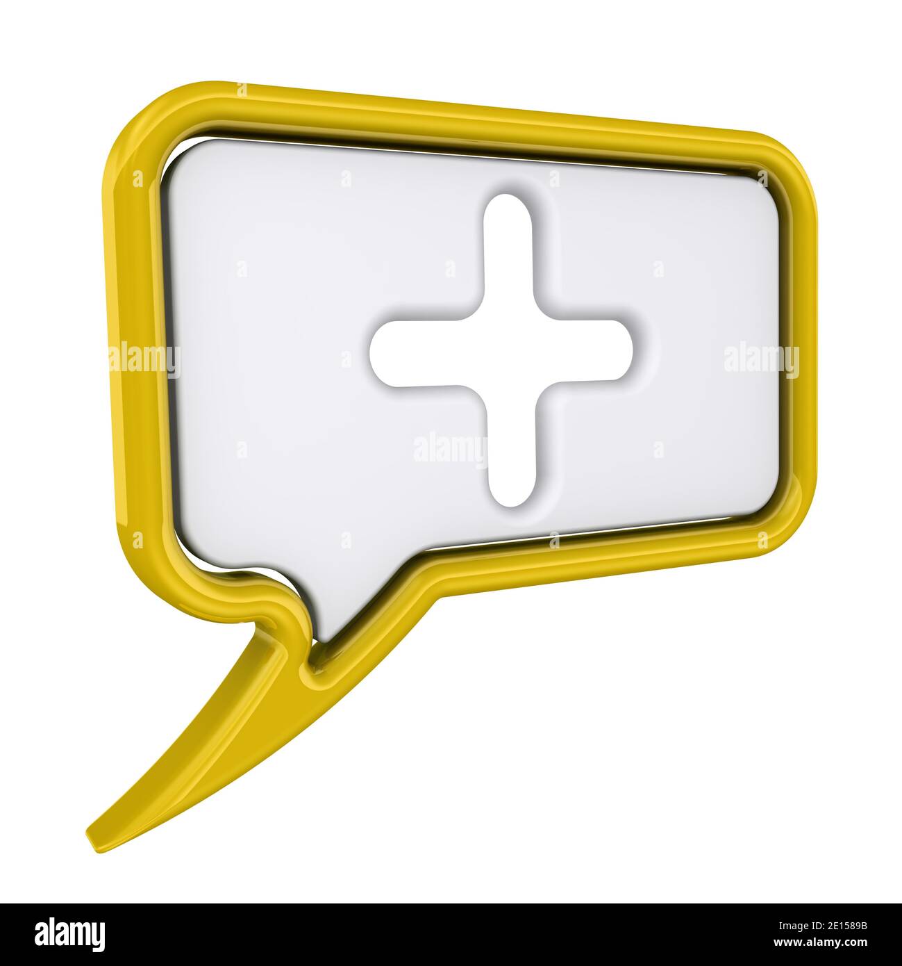Volumetric yellow speech bubble with plus symbol. Glossy comics speech ...