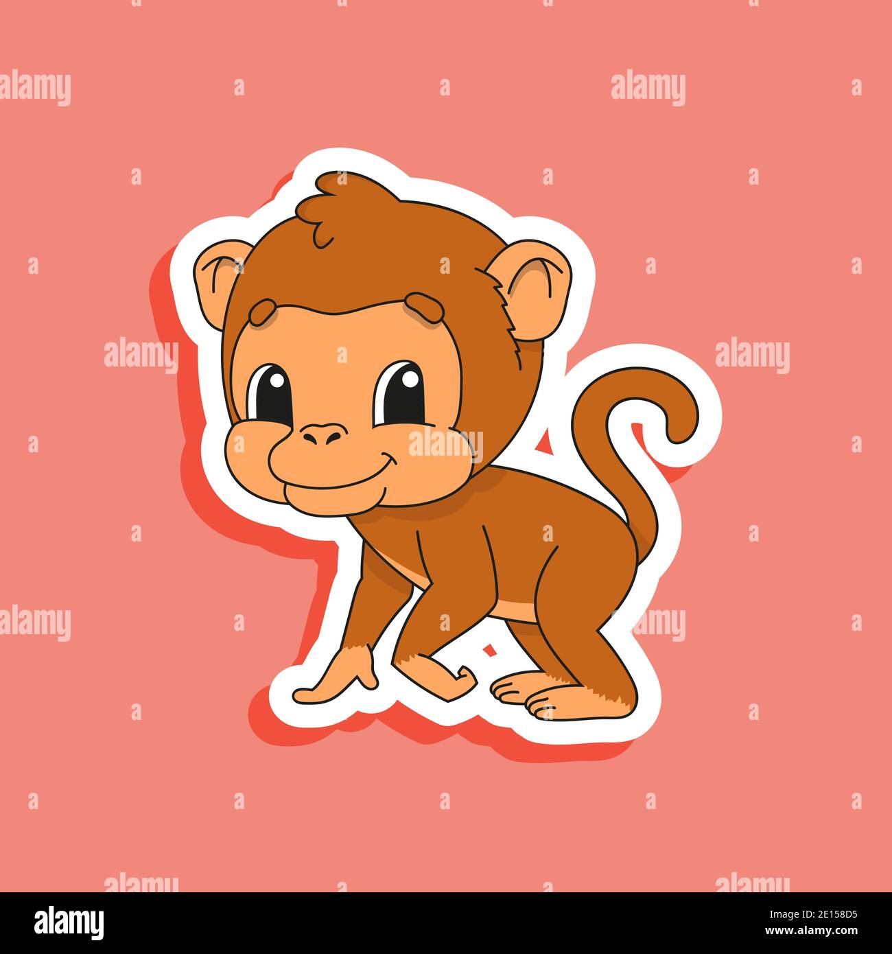 Brown monkey. Bright color sticker of a cute cartoon character. Flat ...