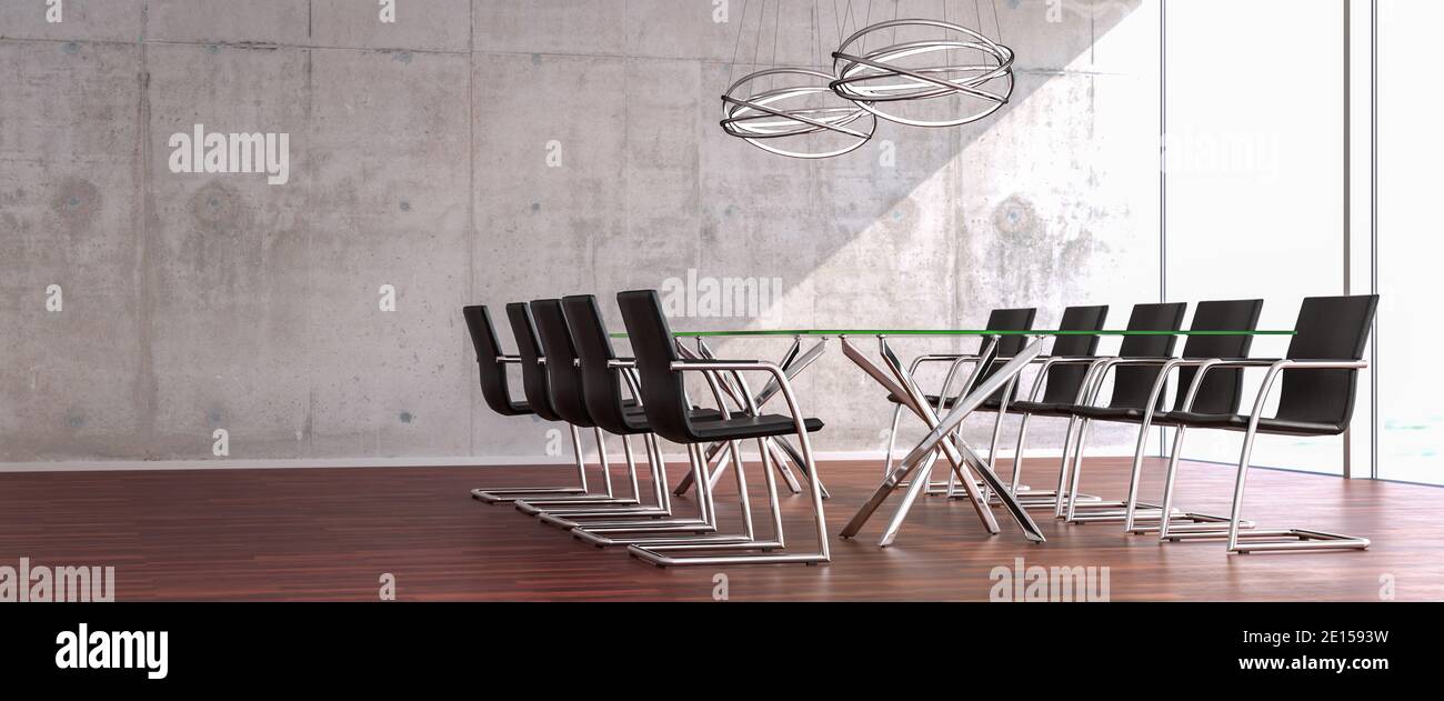 Brightly lit modern conference room with a large glass table and ten ...