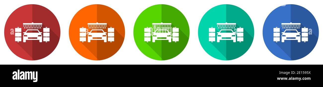 Car wash, auto cleaning service vector icon set, red, blue, green and ...