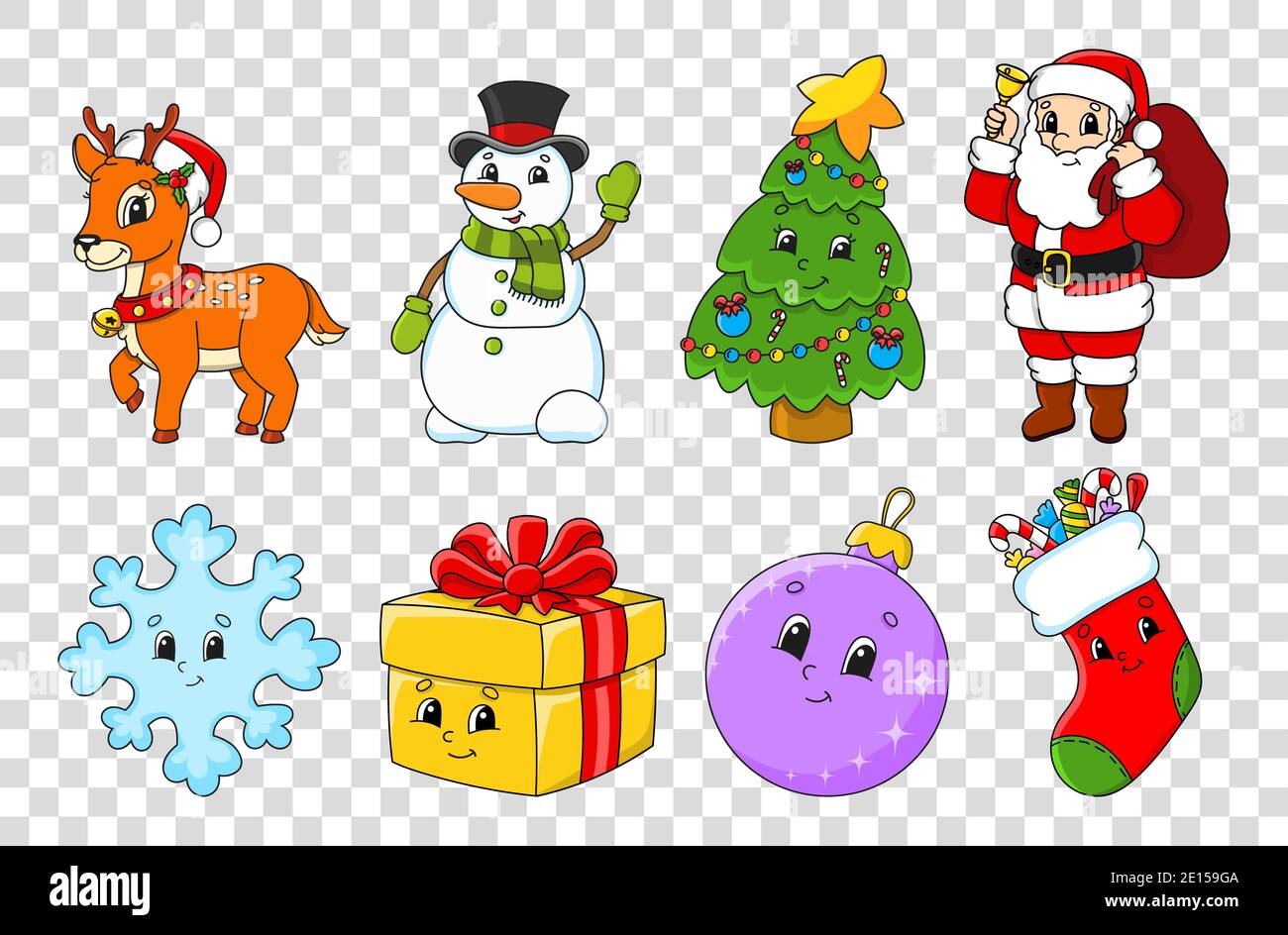 Set of cartoon characters. Fairytale tree, Santa Claus with gifts, cute ...