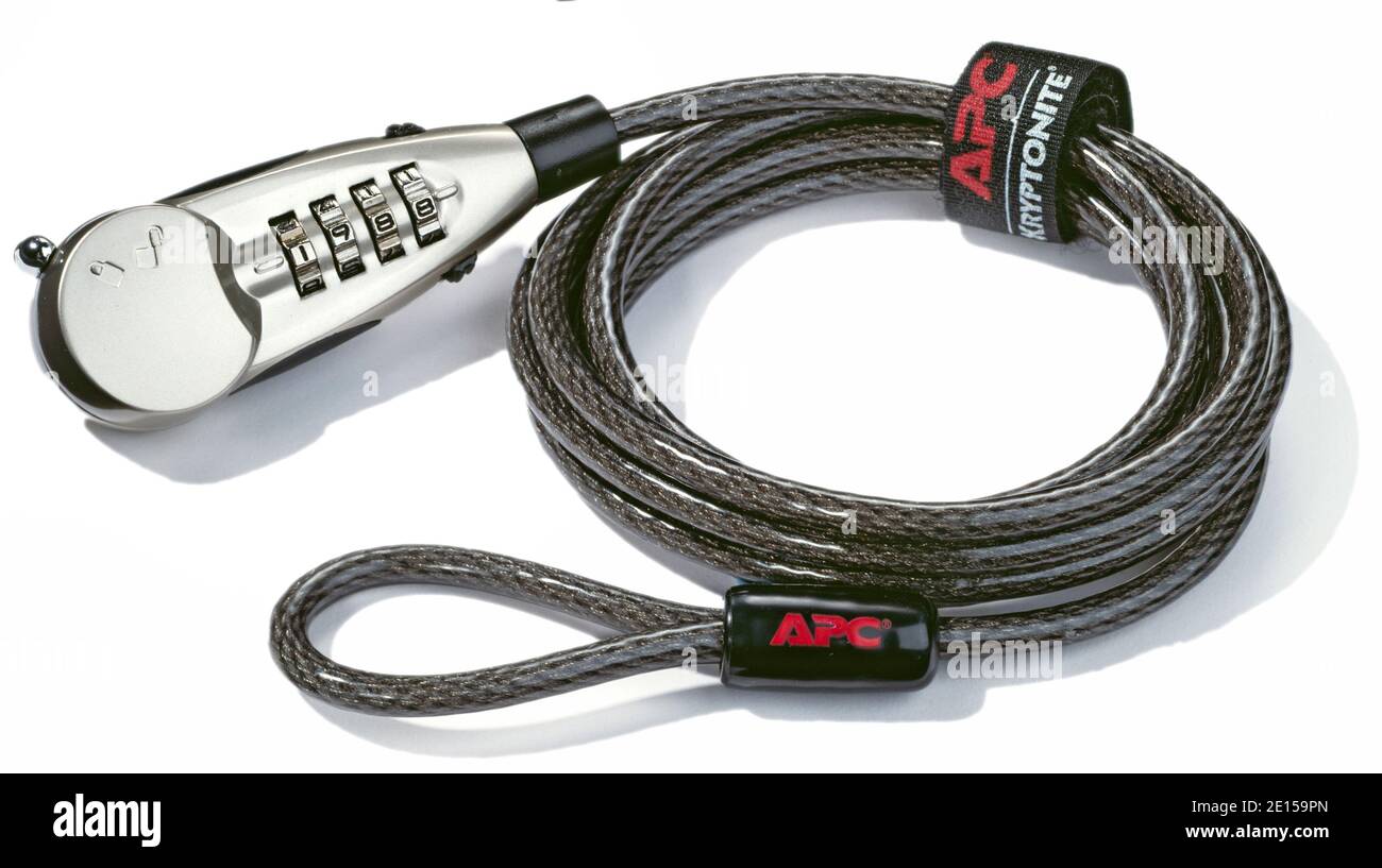 APC coiled cable and bike lock photographed on a white background Stock ...