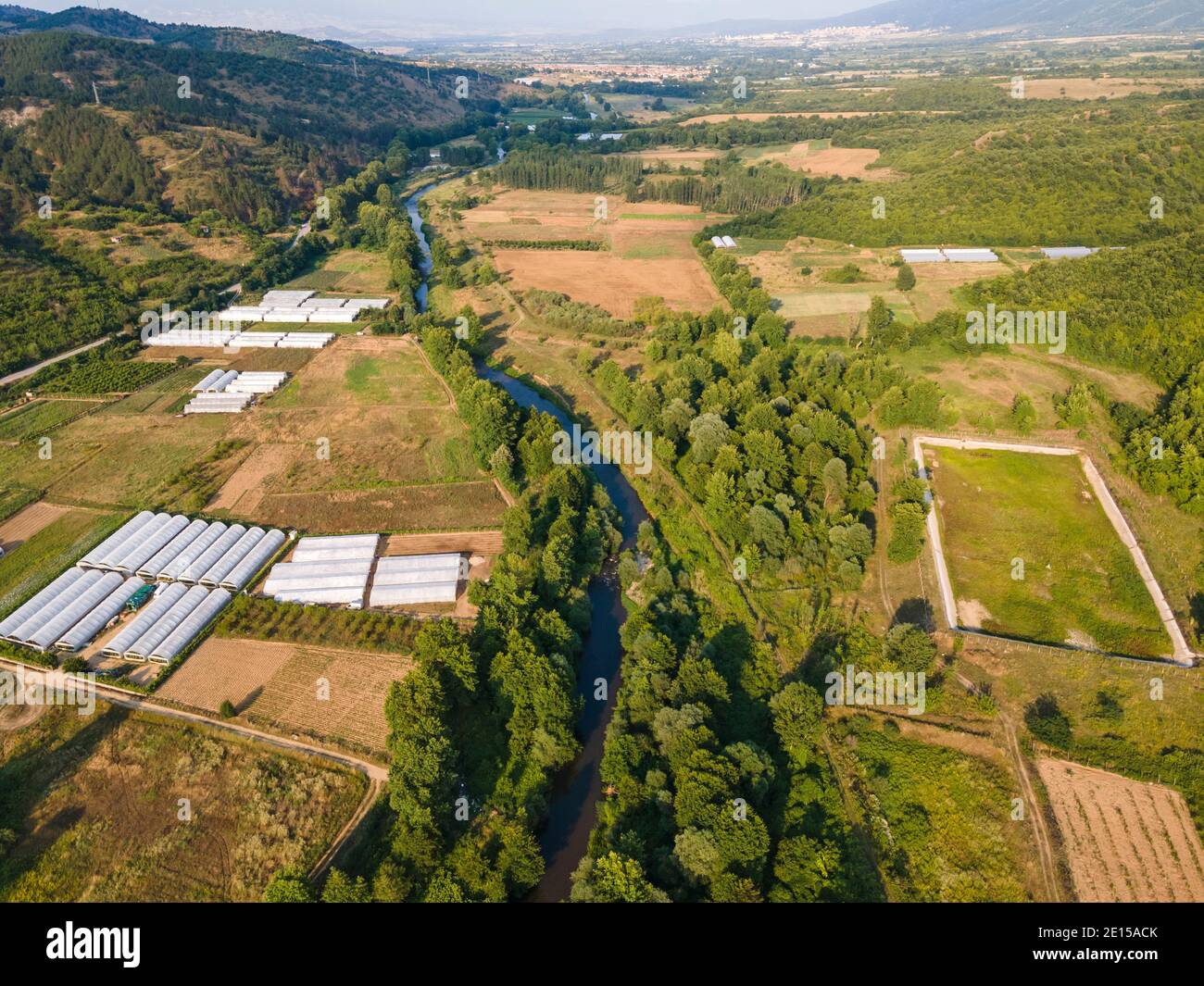 Aerial Panoramic view of Petrich valley, Blagoevgrad region, Bulgaria ...