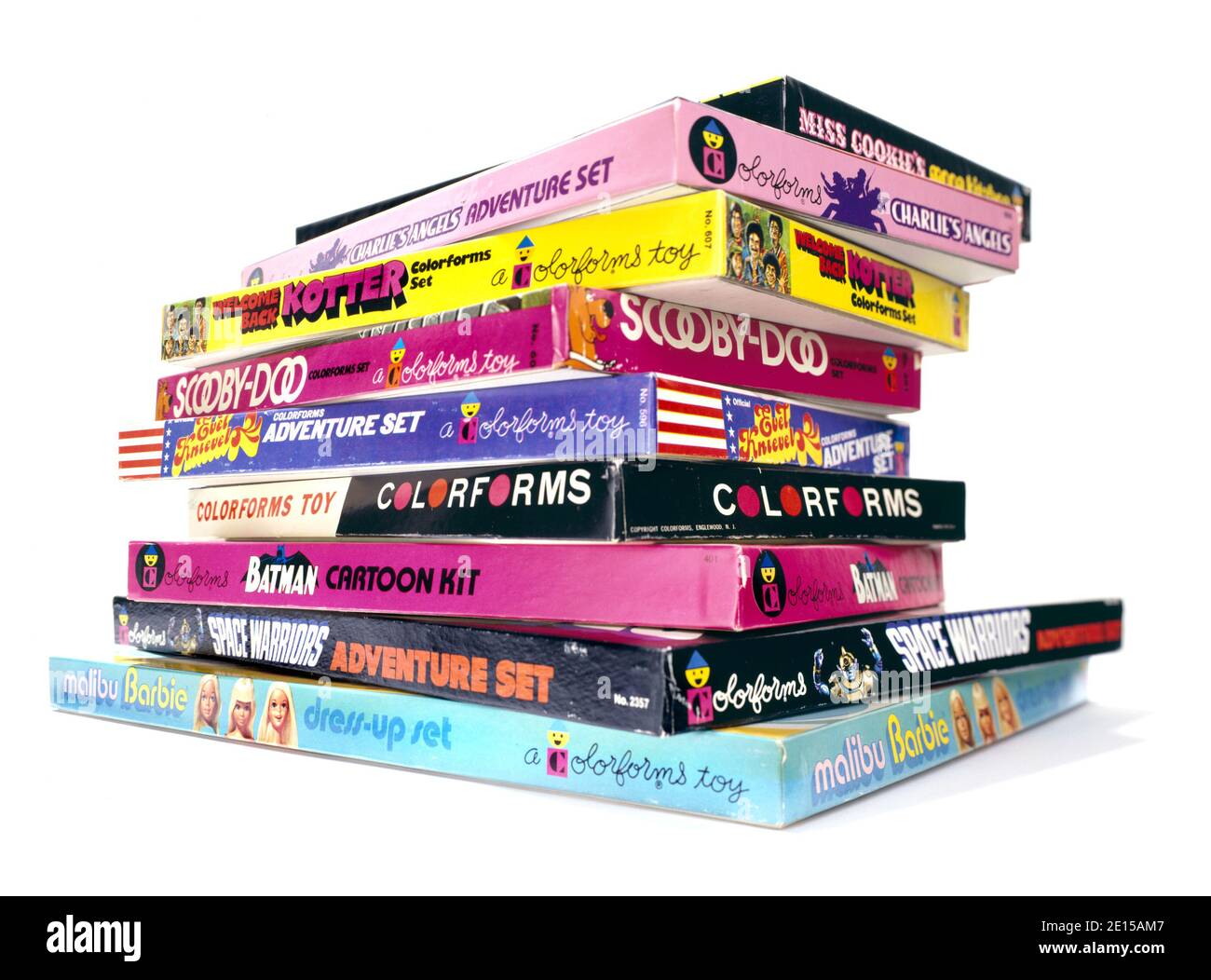 Stack of vintage Colorforms toy collection photographed on a white ...