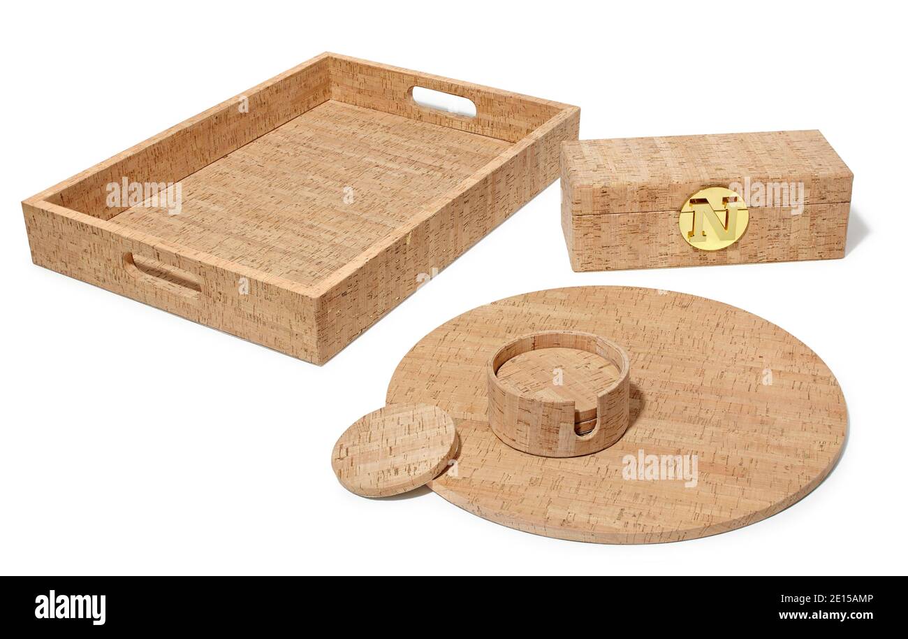 Cork serving set including tray and coasters plus monogrammed box from ...