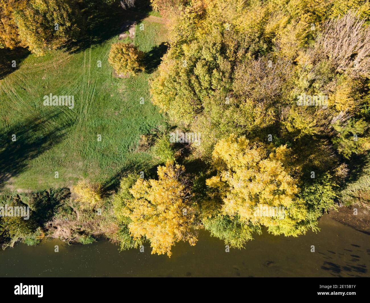 Aerial Autumn view of Yantra River, passing near the town of Byala ...