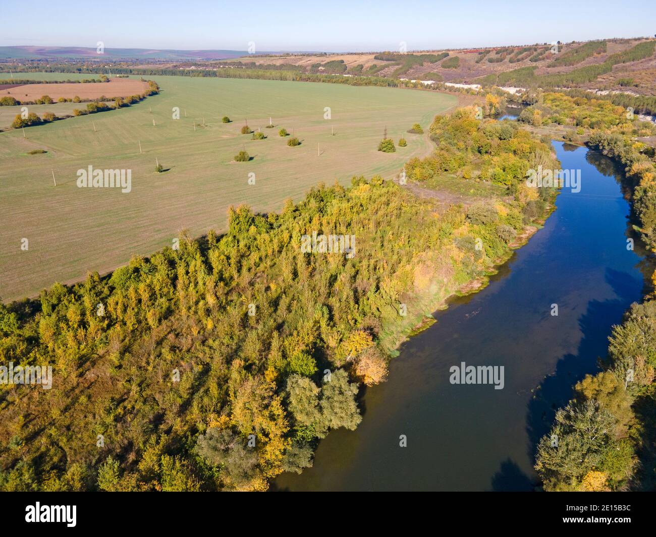 Aerial Autumn view of Yantra River, passing near the town of Byala ...