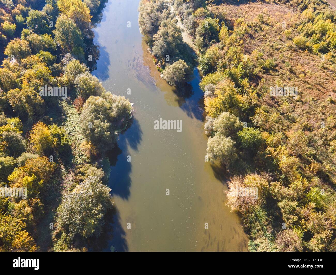 Aerial Autumn view of Yantra River, passing near the town of Byala ...