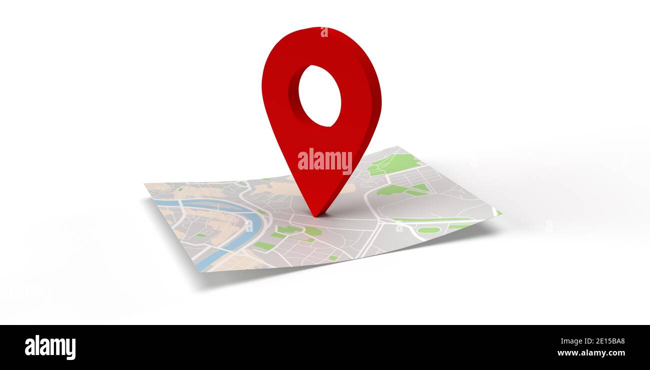 A 3D rendered big red map locator pointing on a destination on a flat ...