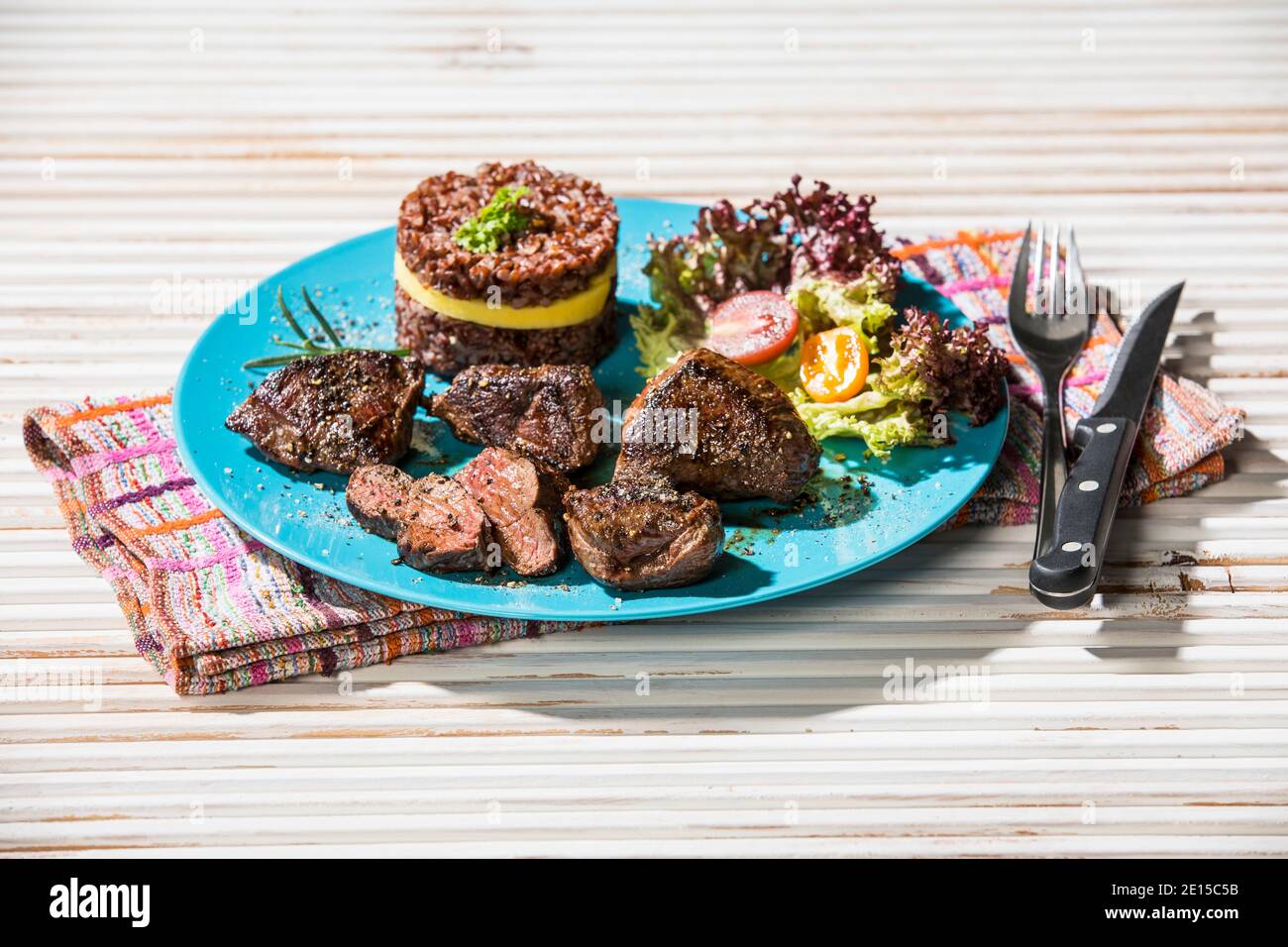 Kangaroo Steak With Red Rice And Mango Stock Photo - Alamy