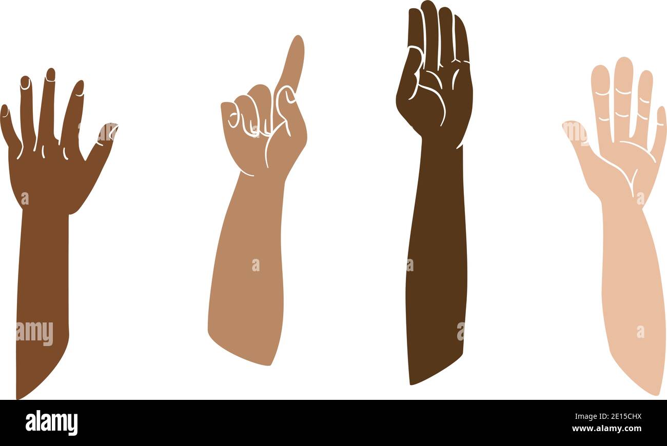 Collection of raised hands in vector drawing for community or education ...