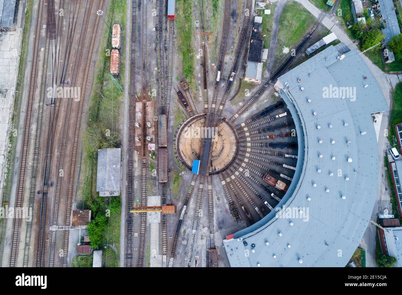 Aerial view with railway station Stock Photo - Alamy