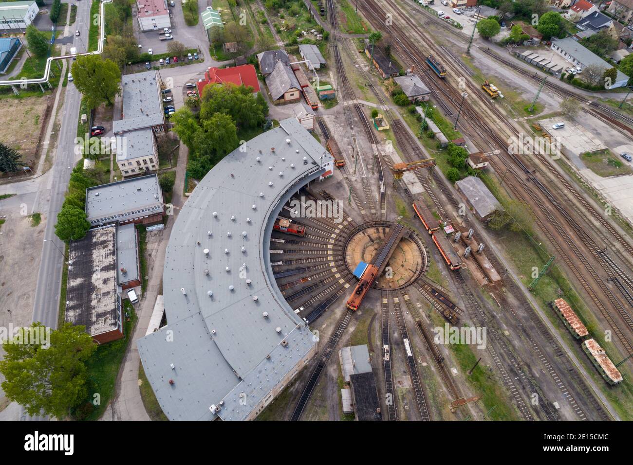 Aerial view with railway station Stock Photo - Alamy