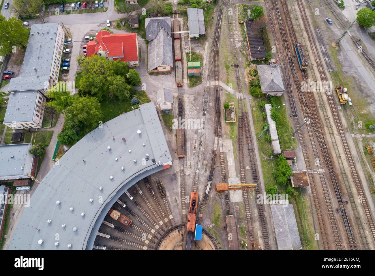 Aerial view with railway station Stock Photo - Alamy