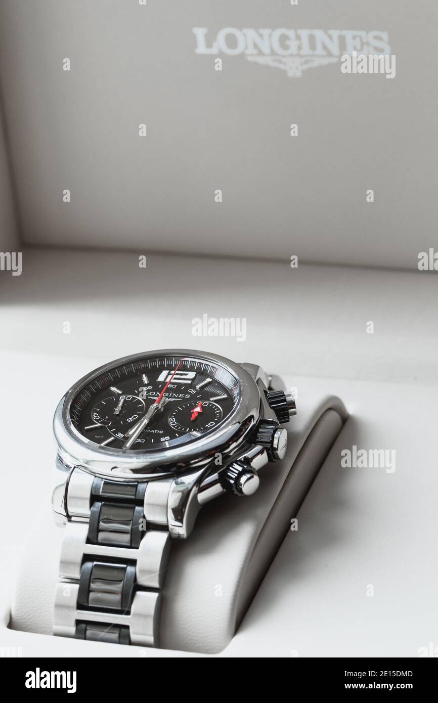 Minsk, Belarus – October 22, 2020: Classic Longines chronometer case - made in switzerland ...