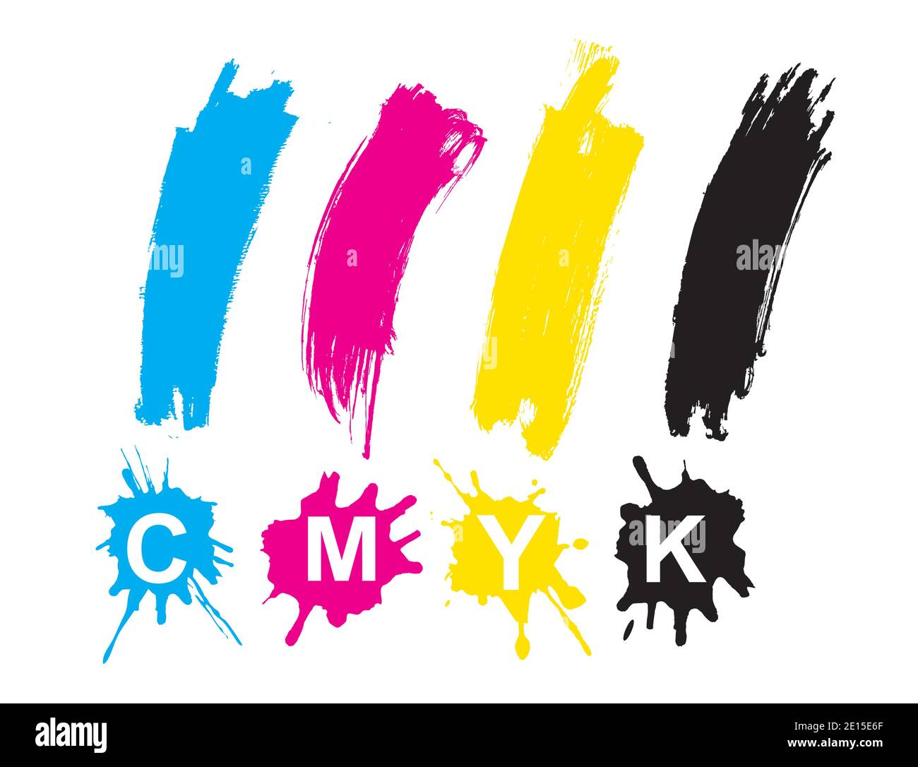 CMYK print colors, exclamation marks, splatters. Illustration of four ...