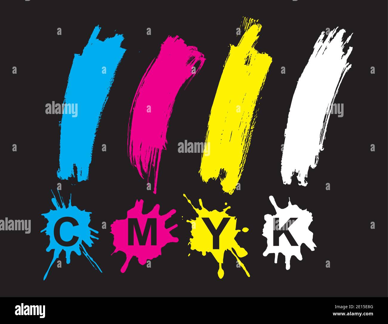 CMYK print colors, exclamation marks, splatters. Illustration of four ...