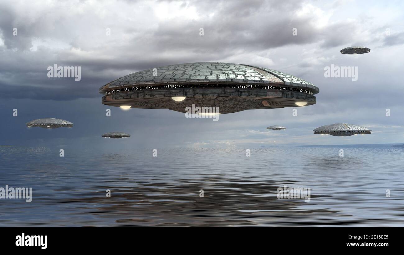 3D illustration with UFO alien spaceships flying in formation over ...