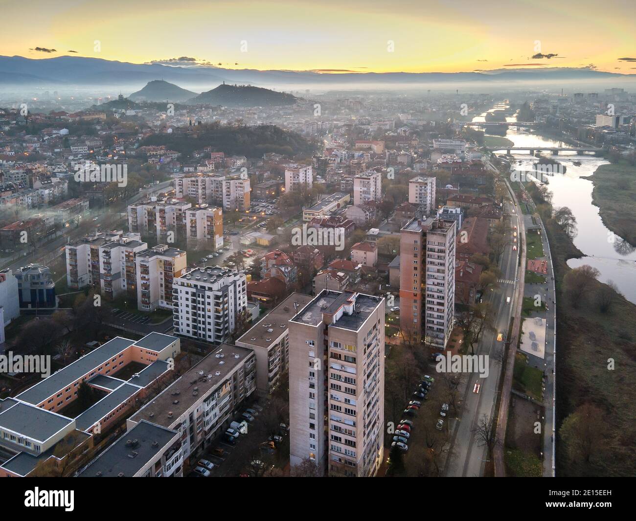 Amazing Aerial view of Maritsa river and panorama to City of Plovdiv ...