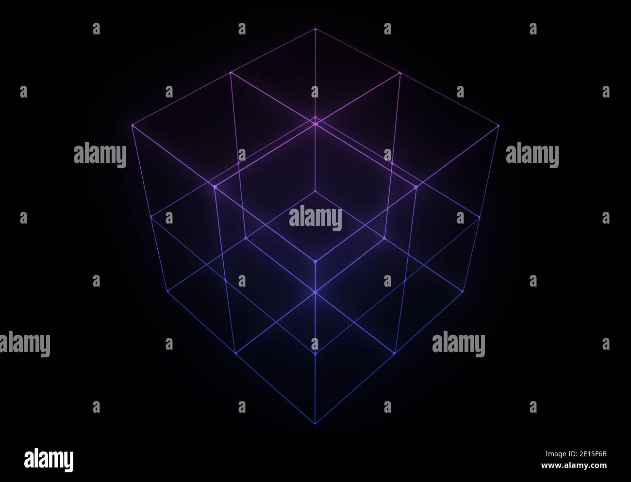 Wireframe 3D cube in retrowave style colors and a thin delicate mesh. A ...