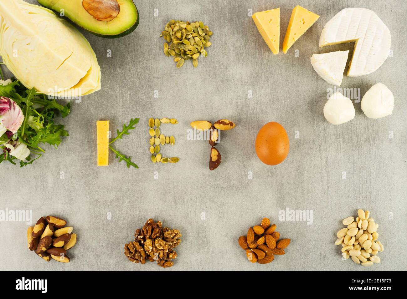 Ketone diet foods on a gray background. The word keto from ketogenic ...