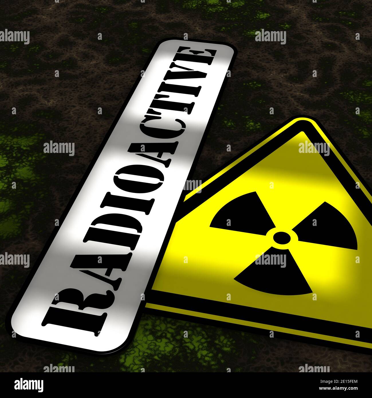 Radiation pollution. A warning yellow sign of radioactive hazard with ...