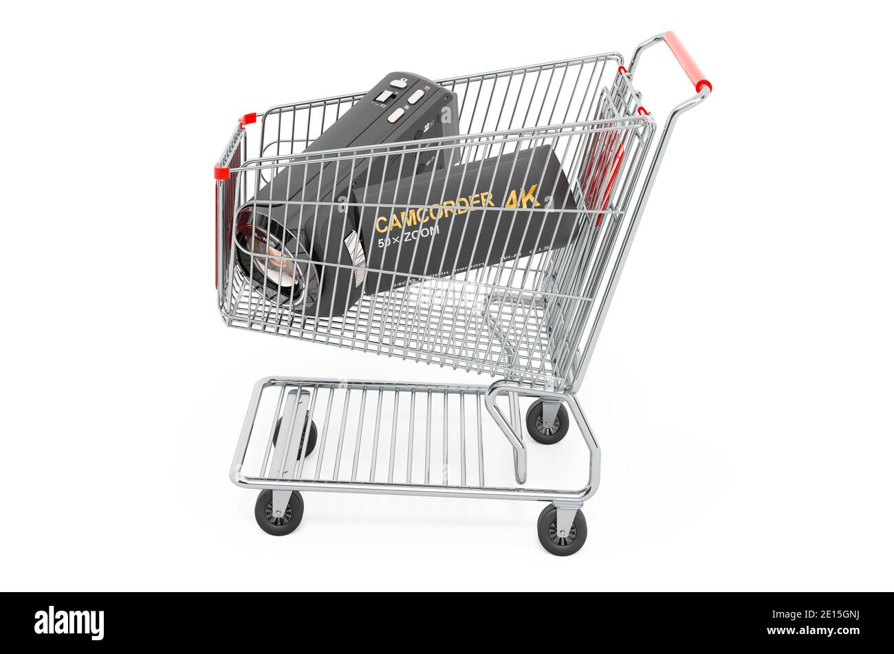 Camcorder inside shopping cart, 3D rendering isolated on white ...