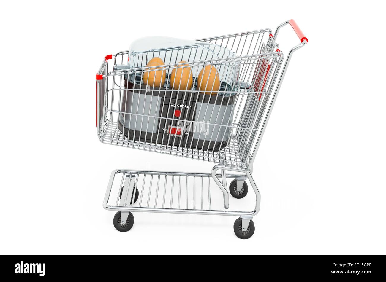Egg cooker inside shopping cart, 3D rendering isolated on white ...