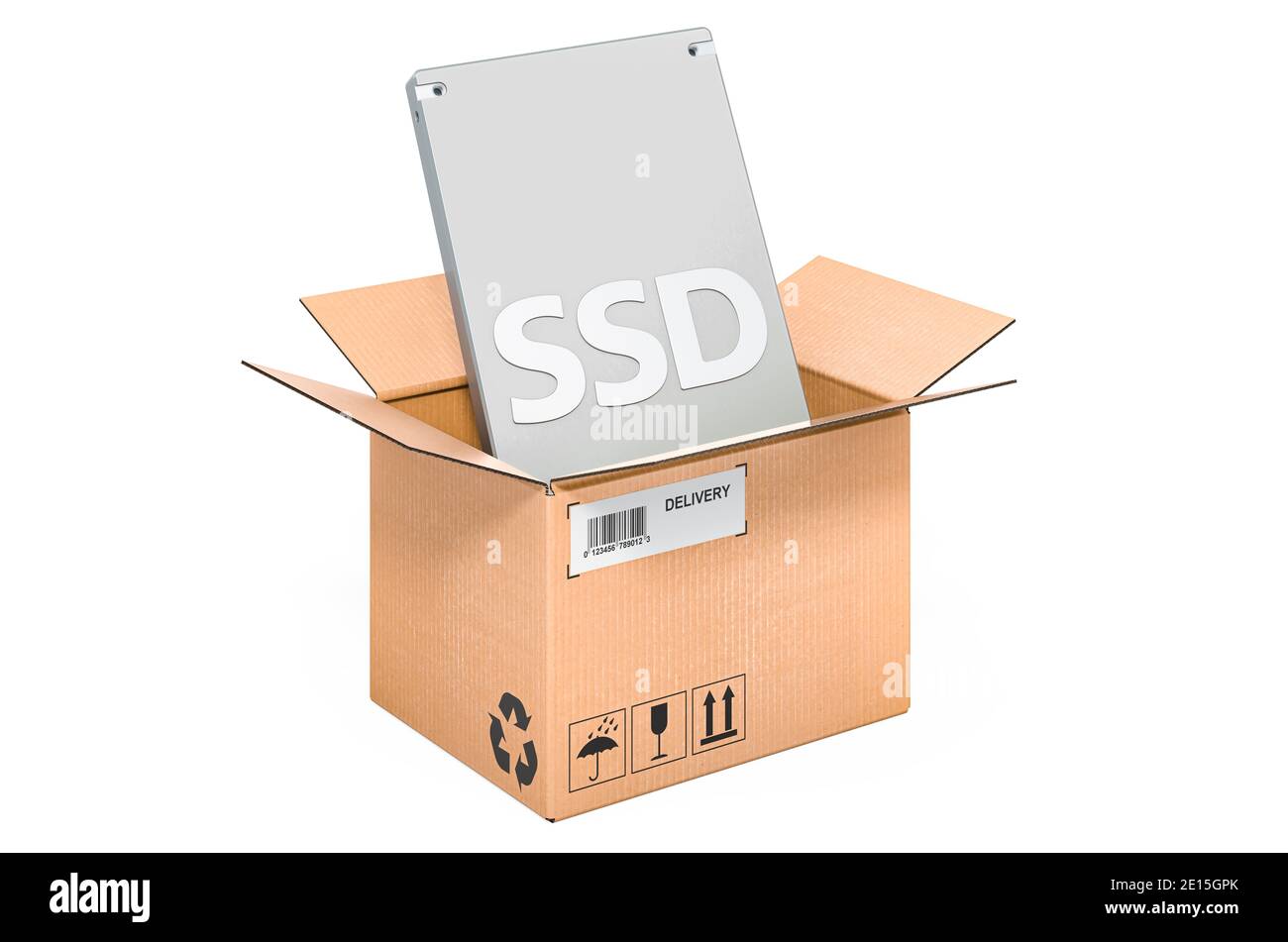 SSD inside cardboard box, delivery concept. 3D rendering isolated on ...