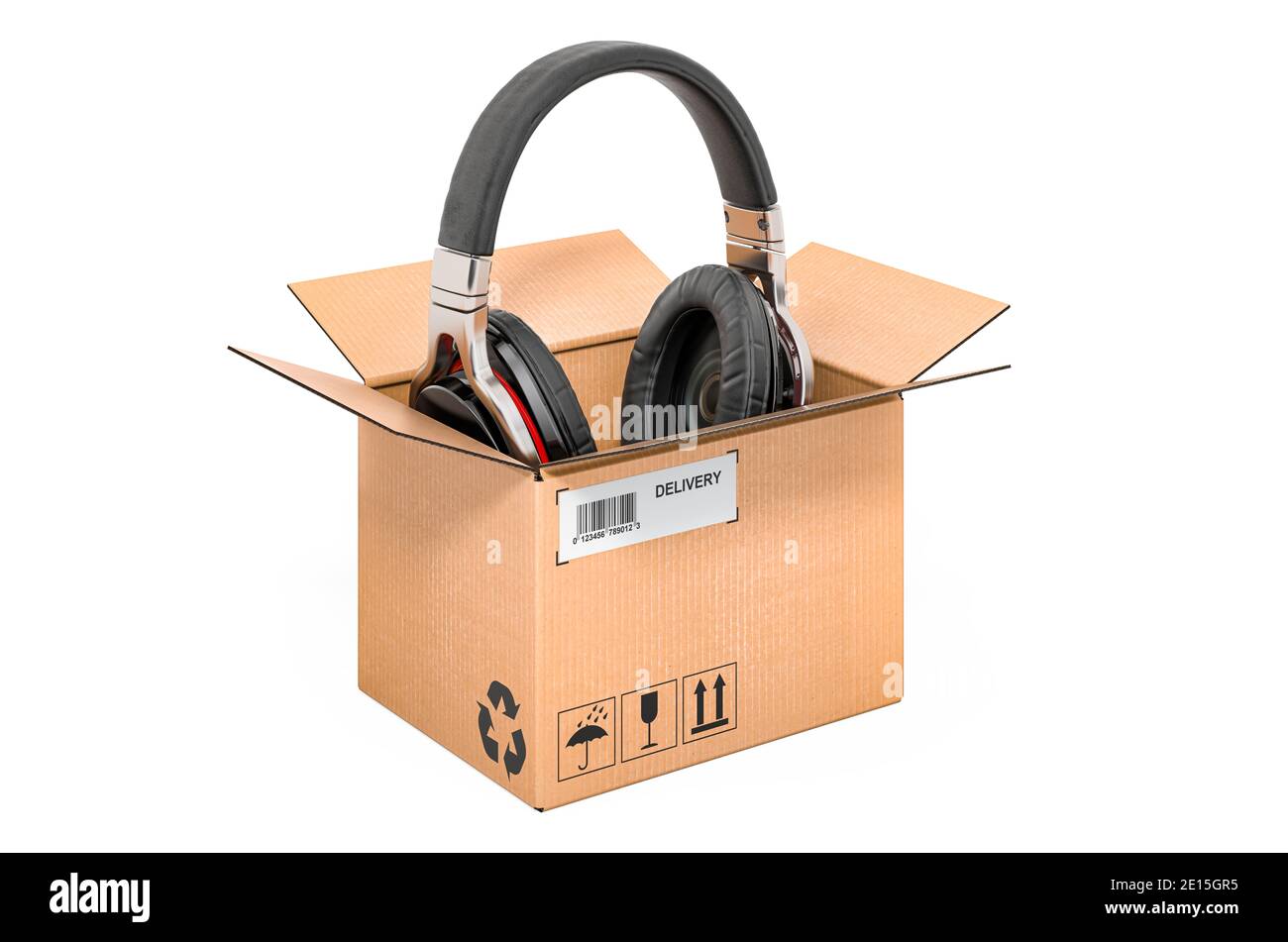 Wireless headphones inside cardboard box, delivery concept. 3D ...