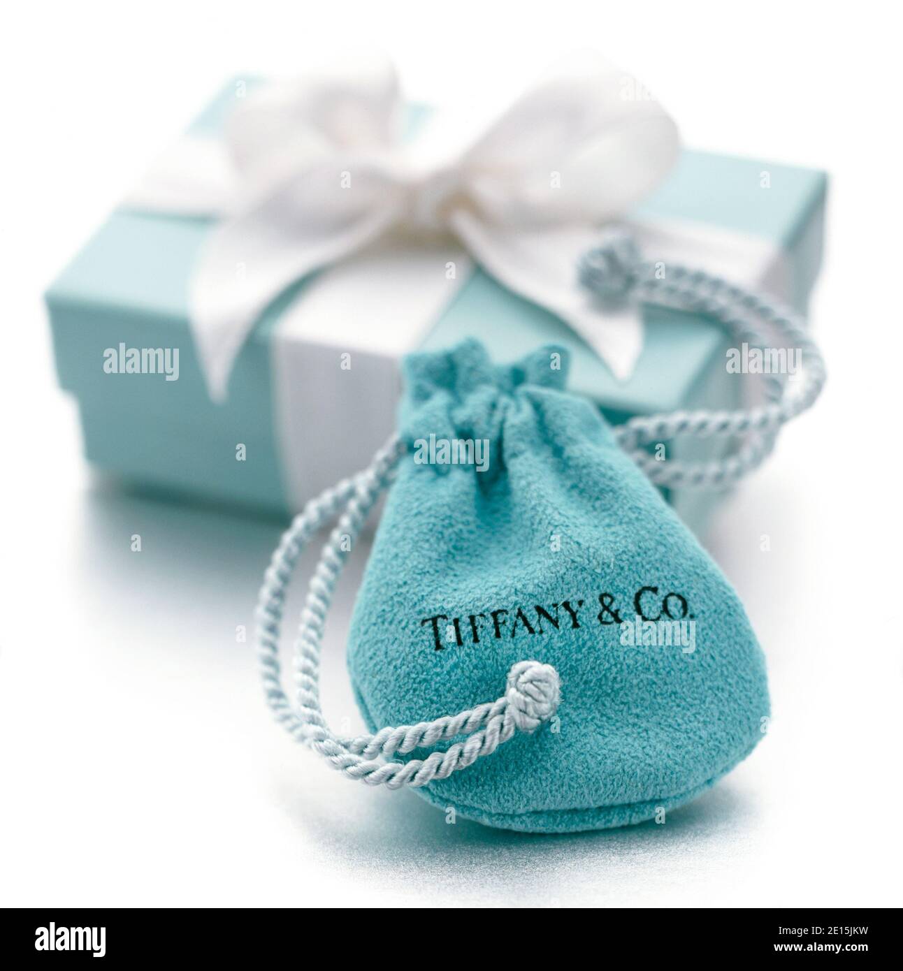 Tiffany jewelry purse and gift box photographed on a white background ...